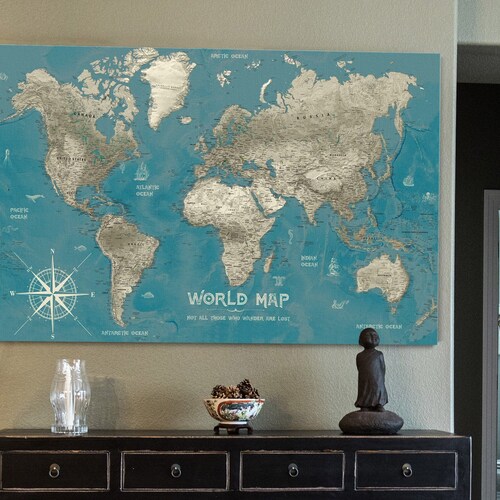 Large Family Travel World Map Push Pin Map Personalized Text | Etsy
