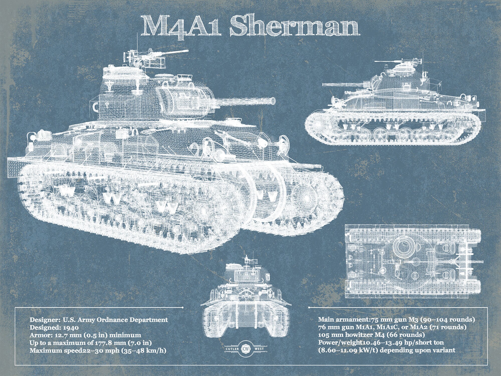 M4A1 Sherman Tank Vintage Blueprint Print | Etsy