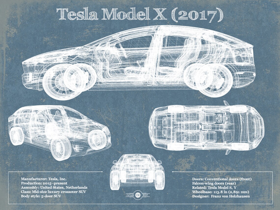 Tesla Model X 2017 Vintage Blueprint Auto Print | Etsy