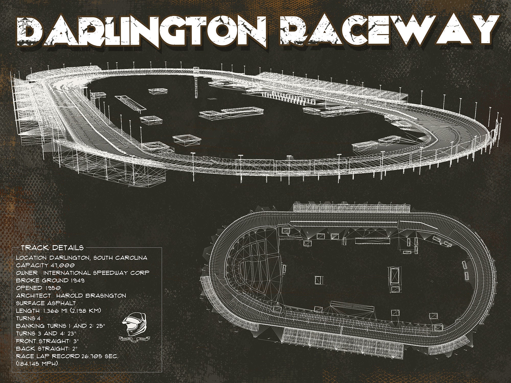 Darlington Raceway Blueprint NASCAR Race Track Print | Etsy