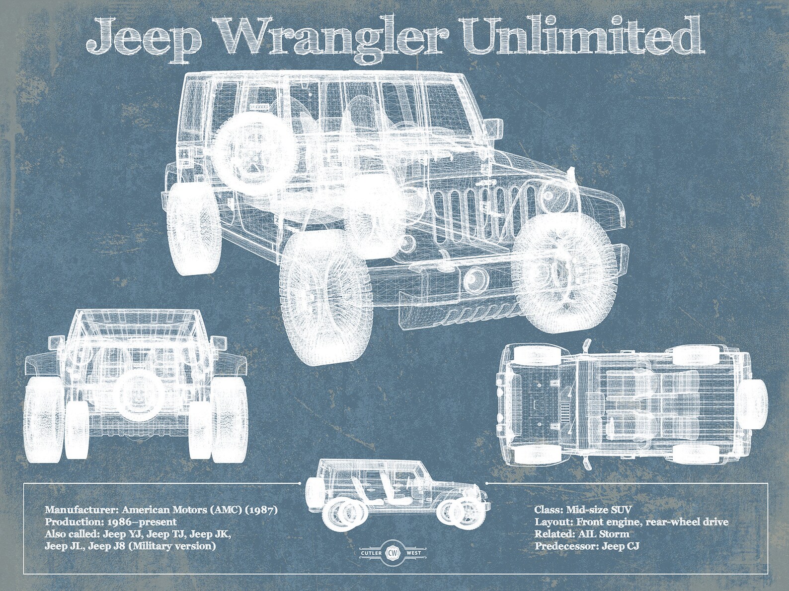 Jeep Wrangler Unlimited Vintage Blueprint Auto Print | Etsy
