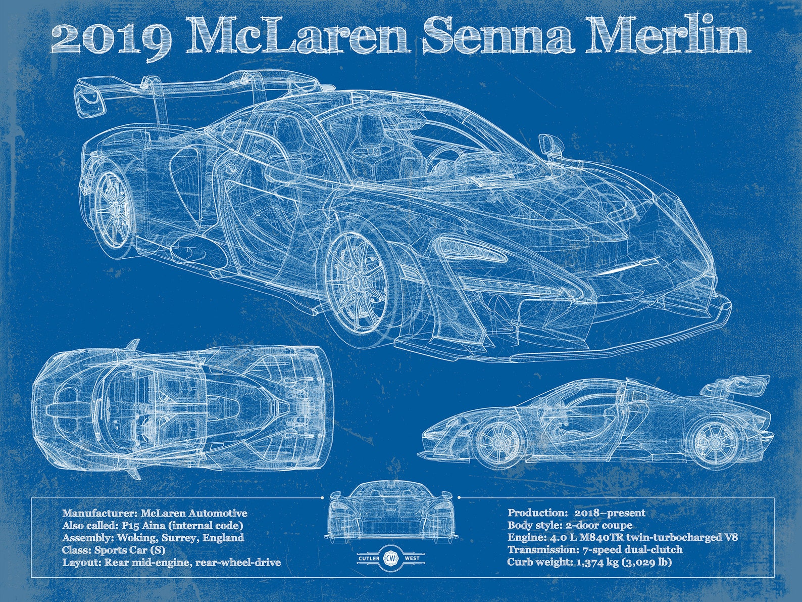 2019 McLaren Senna Merlin Vintage Blueprint Auto Print | Etsy