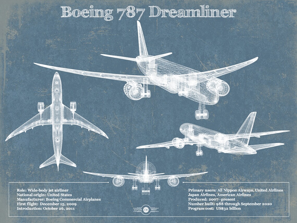 Boeing 787 Dreamliner Vintage Aviation Blueprint Print | Etsy