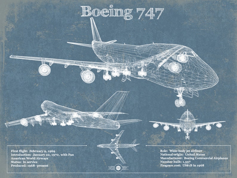 Boeing 747 Vintage Aviation Blueprint Print Custom Pilot | Etsy