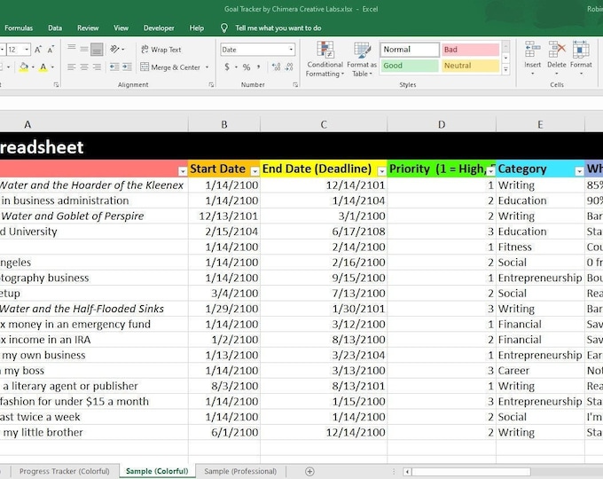Colorful Goal Tracker Excel Template / Instant Digital - Etsy