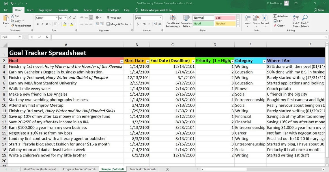 Colorful Goal Tracker Excel Template / Instant Digital Download ...
