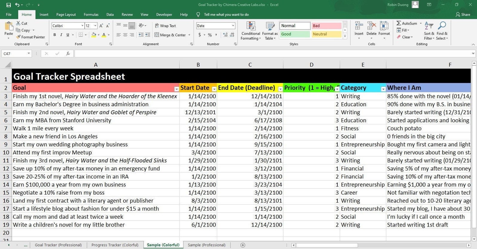 Colorful Goal Tracker Excel Template / Instant Digital Download ...