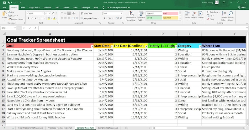Colorful Goal Tracker Excel Template / Instant Digital Download ...