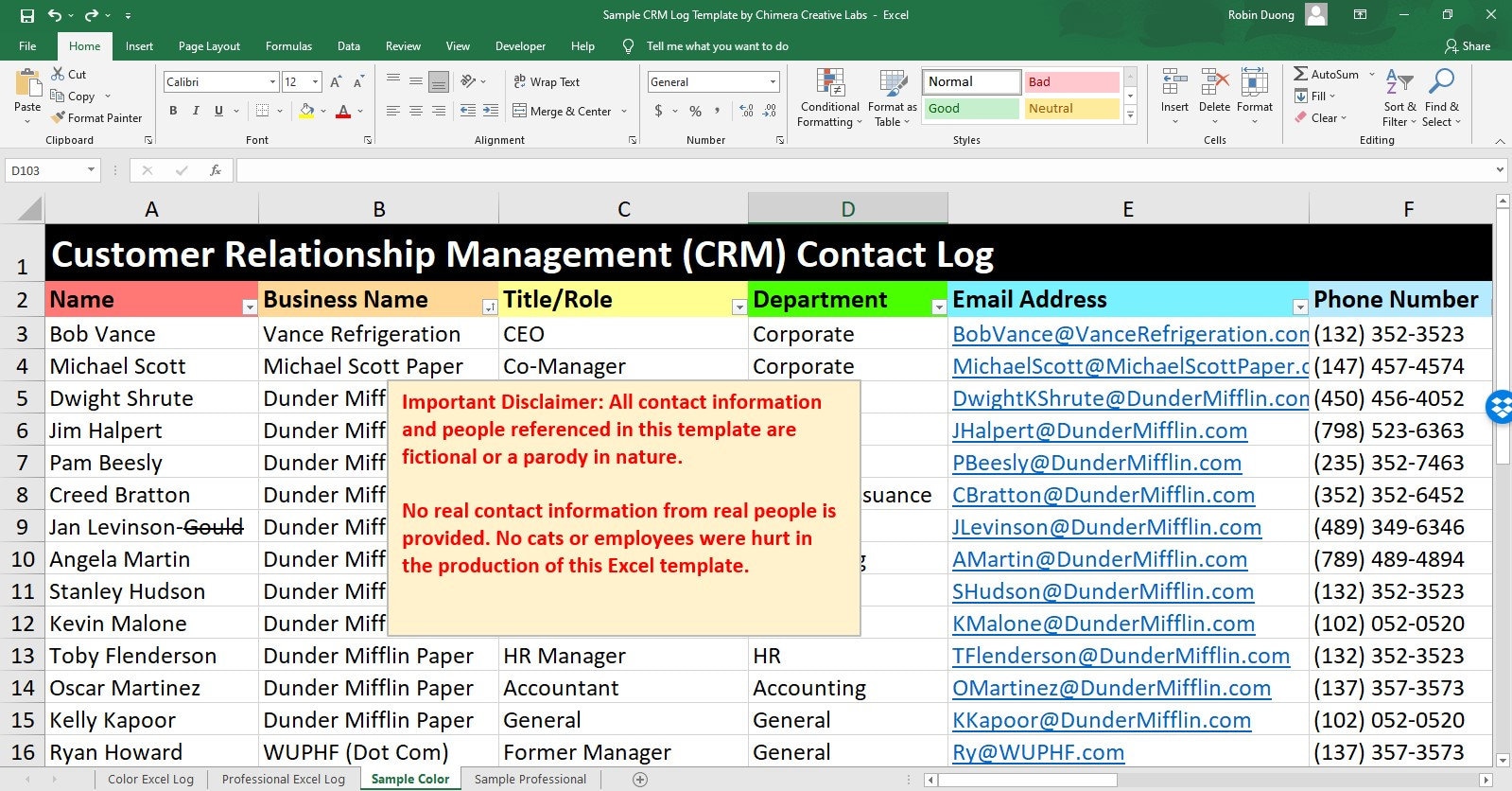 Colorful Contact Log Excel Template / Instant Digital Download! / Track ...