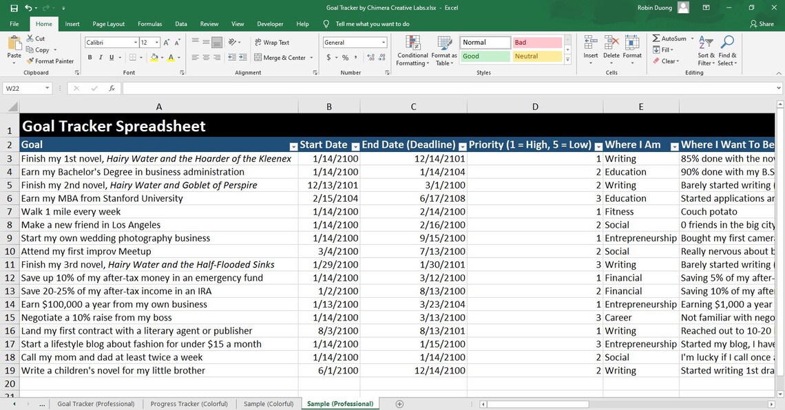 Colorful Goal Tracker Excel Template / Instant Digital Download ...