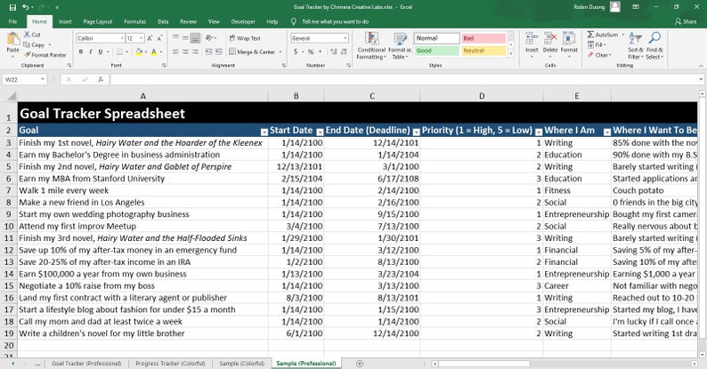 Colorful Goal Tracker Excel Template / Instant Digital Download ...