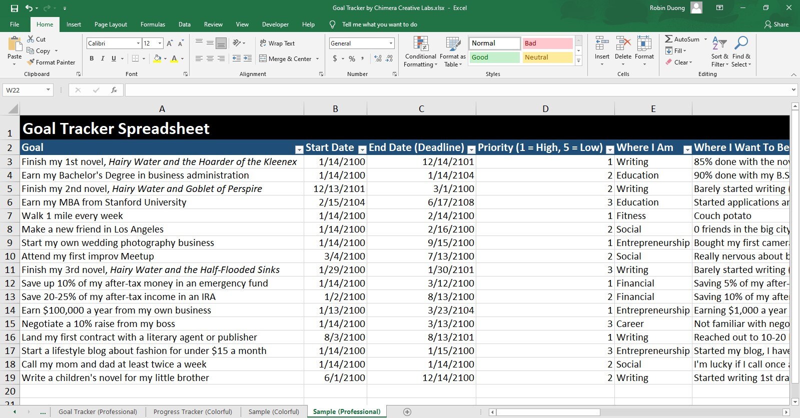 Colorful Goal Tracker Excel Template / Instant Digital Download ...