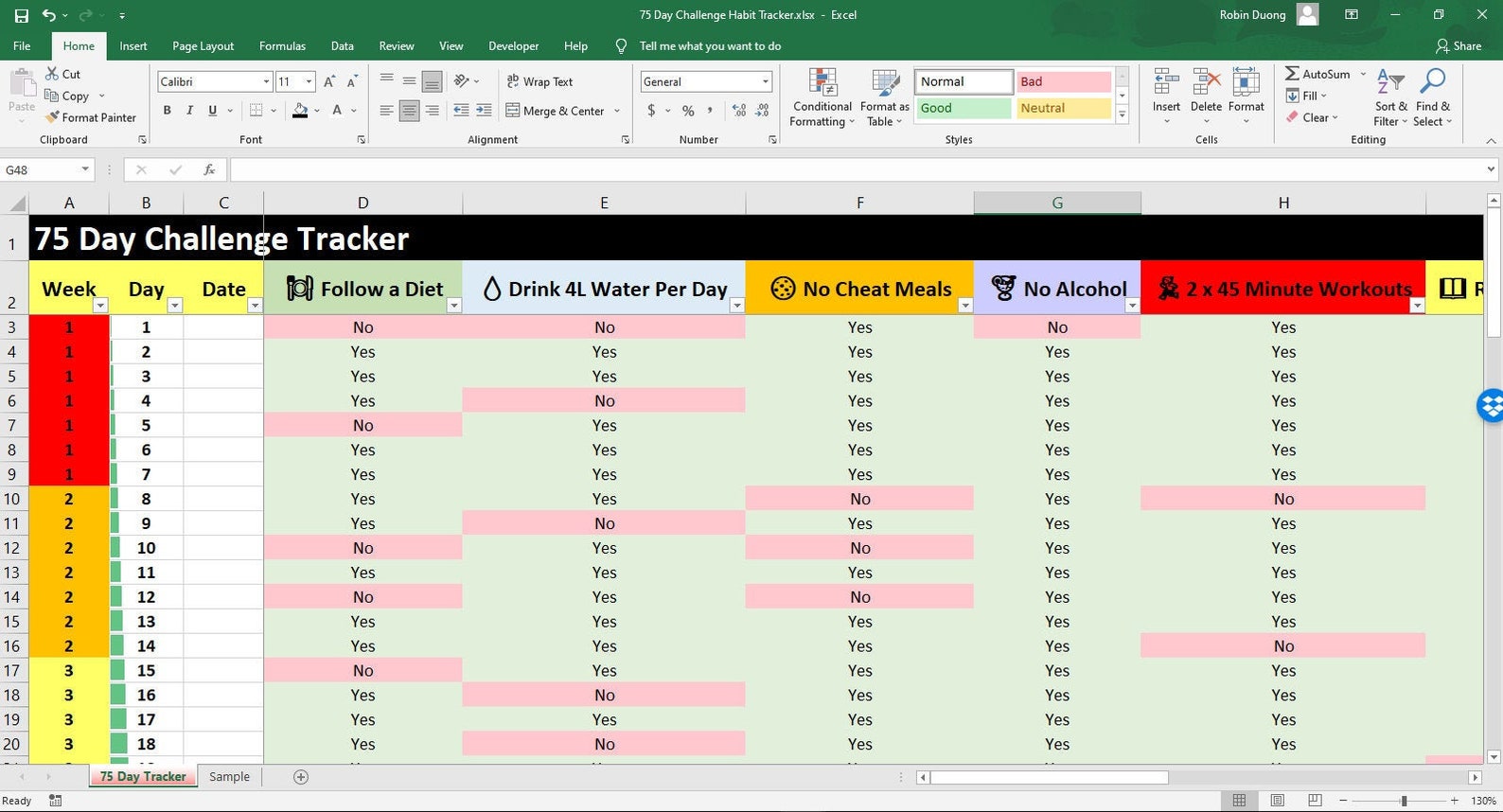 75 Day Challenge Habit Tracker Excel Spreadsheet colorful / - Etsy