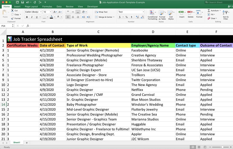 Colorful Job Application Tracker Excel Template Job Etsy