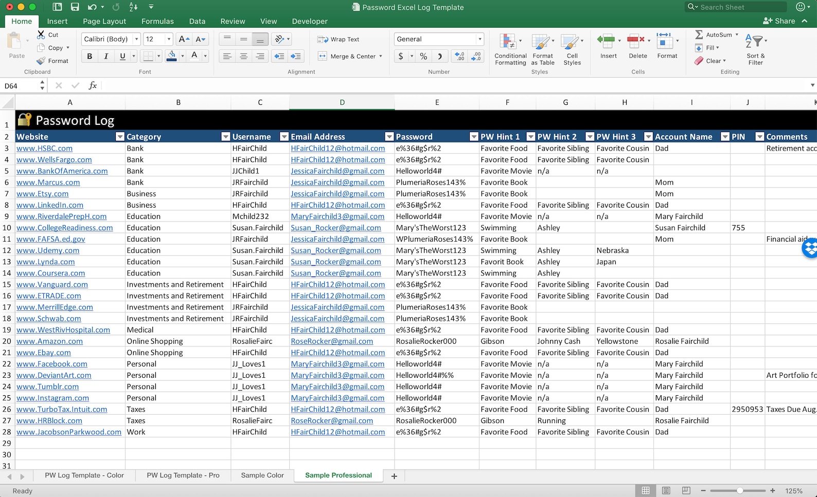 Colorful Password Log Excel Template / Instant Digital Download! - Etsy