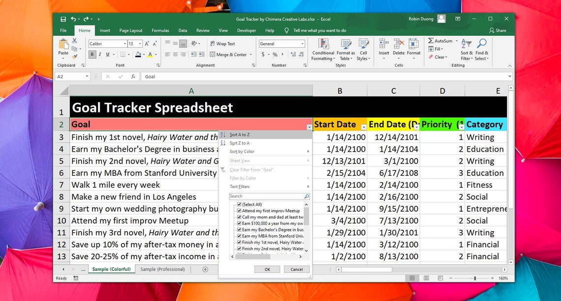 Colorful Goal Tracker Excel Template / Instant Digital Download ...