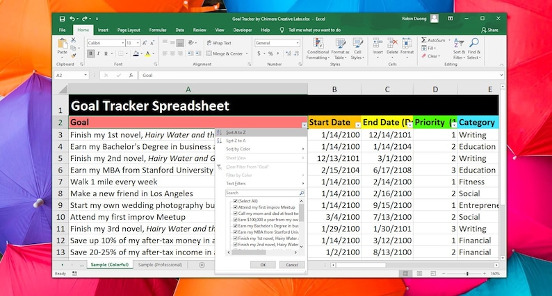 Colorful Goal Tracker Excel Template / Instant Digital Download ...