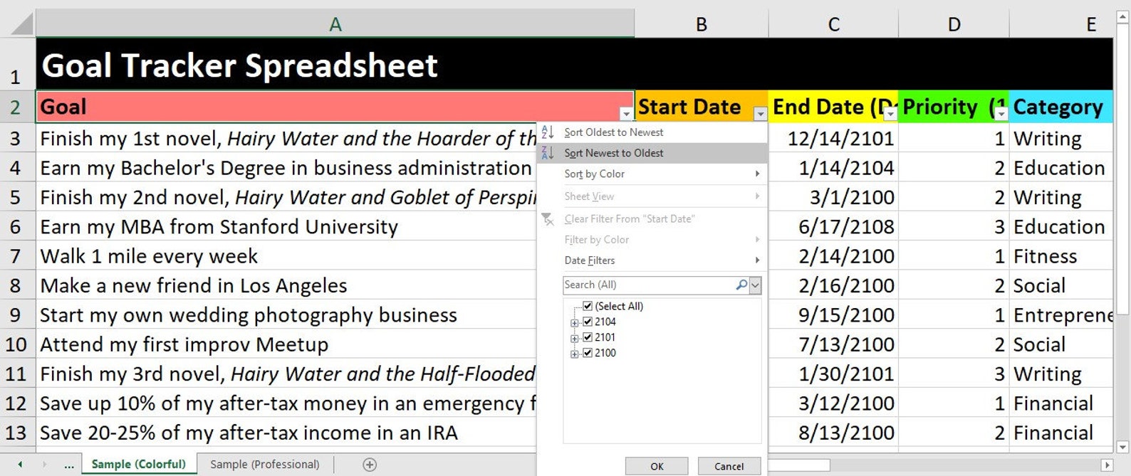 Colorful Goal Tracker Excel Template / Instant Digital Download ...