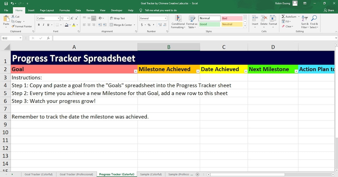 Colorful Goal Tracker Excel Template / Instant Digital Download ...