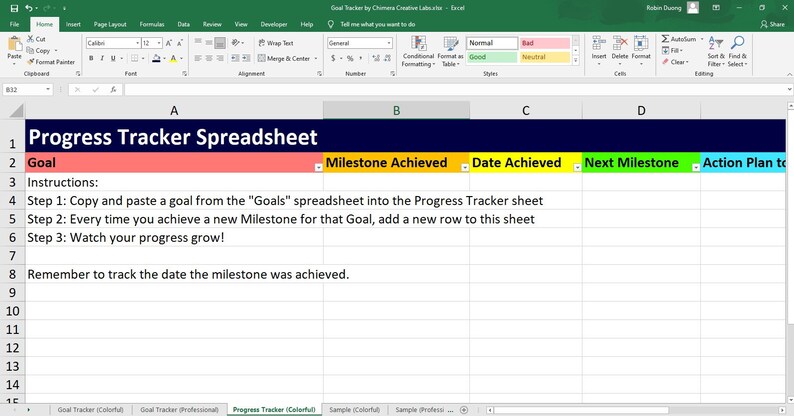 Colorful Goal Tracker Excel Template / Instant Digital Download ...