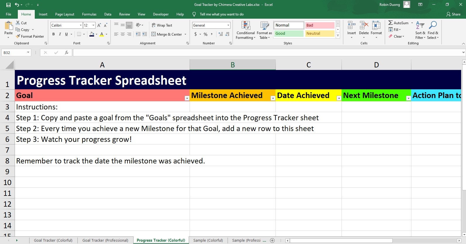 Colorful Goal Tracker Excel Template / Instant Digital Download ...