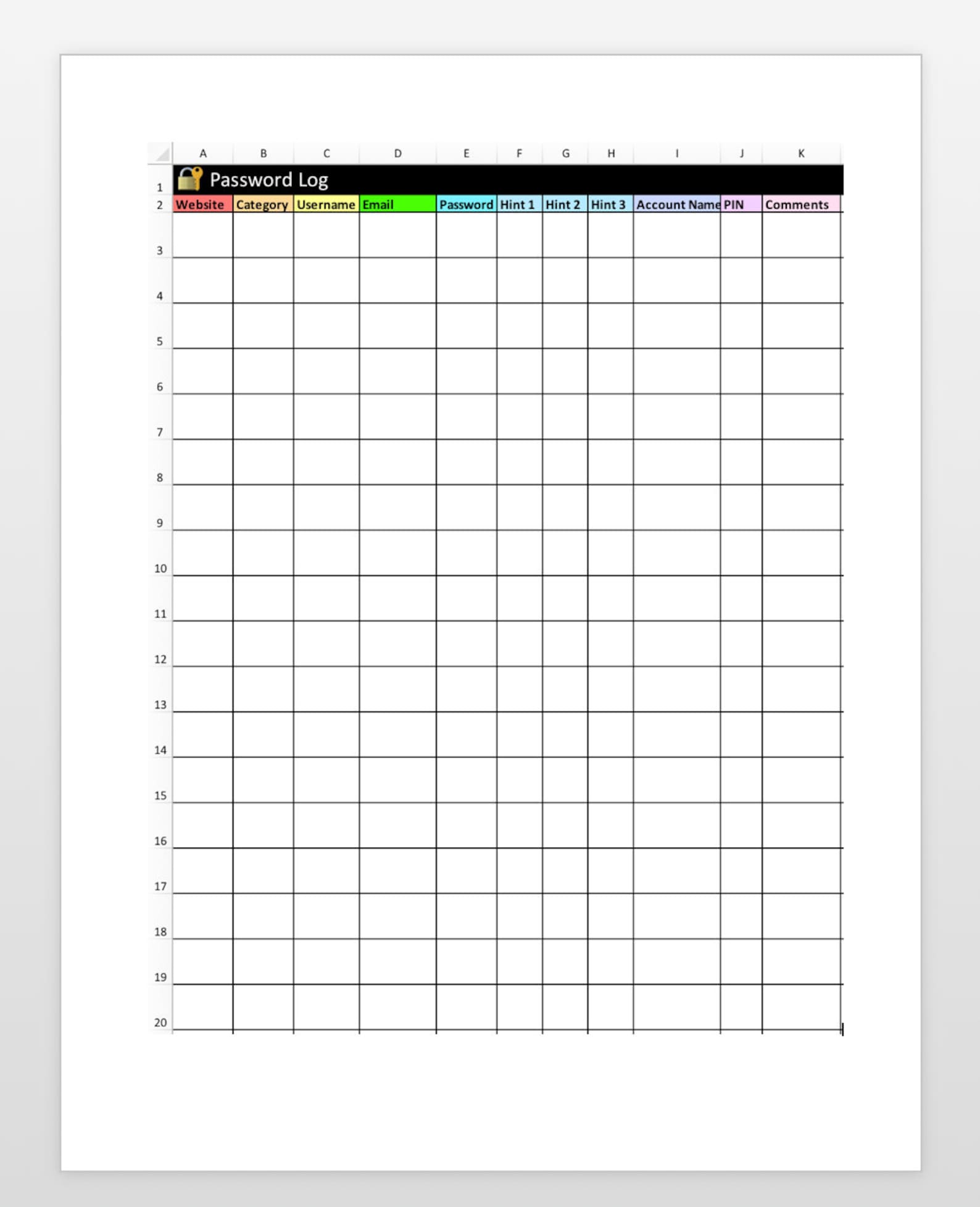 Colorful Password Log Excel Template / Instant Digital Download! - Etsy