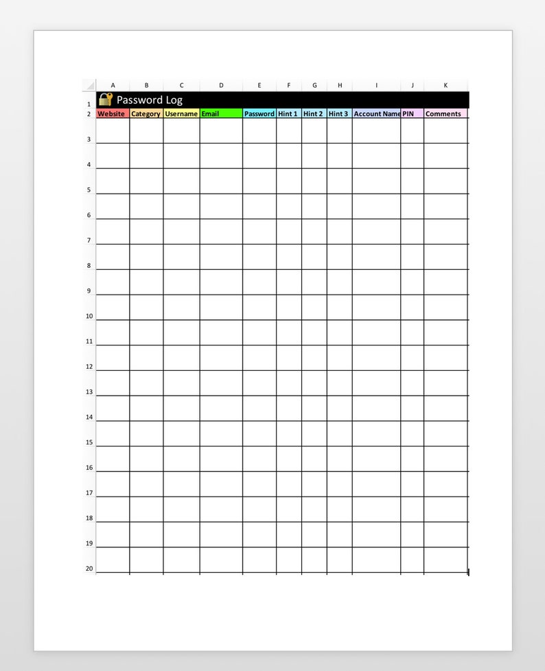 Colorful Password Log Excel Template / Instant Digital Download! - Etsy