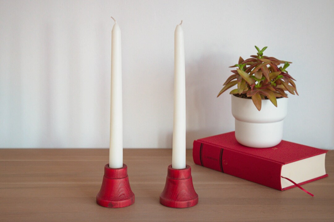 Red Wooden Candle Holders, Modern Christmas Candle Holders, Set of Two ...