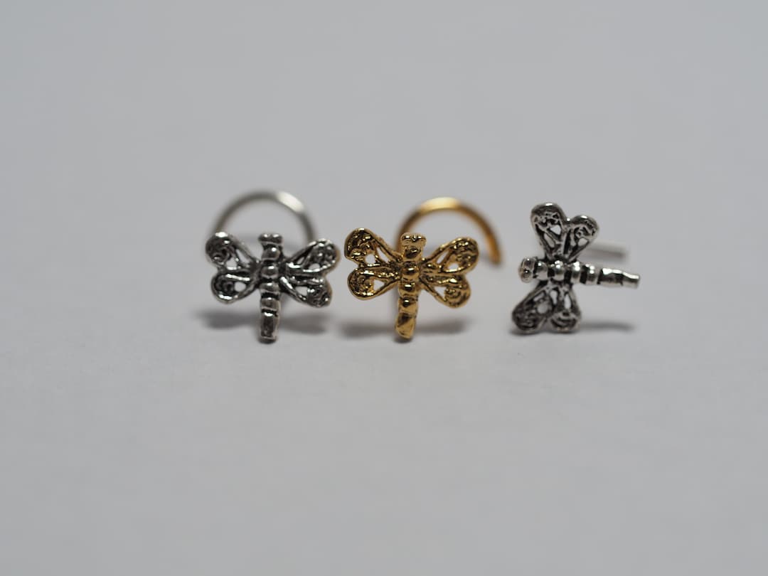 18, 20 Gauge Dragonfly Sterling Silver Nose Stud / Nose Screw, Jewelry ...