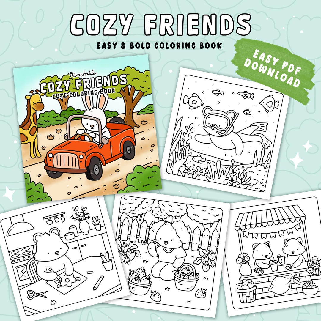 Cute Cozy Friends Animals Coloring Book – 10 Pages Easy & Minimalist ...