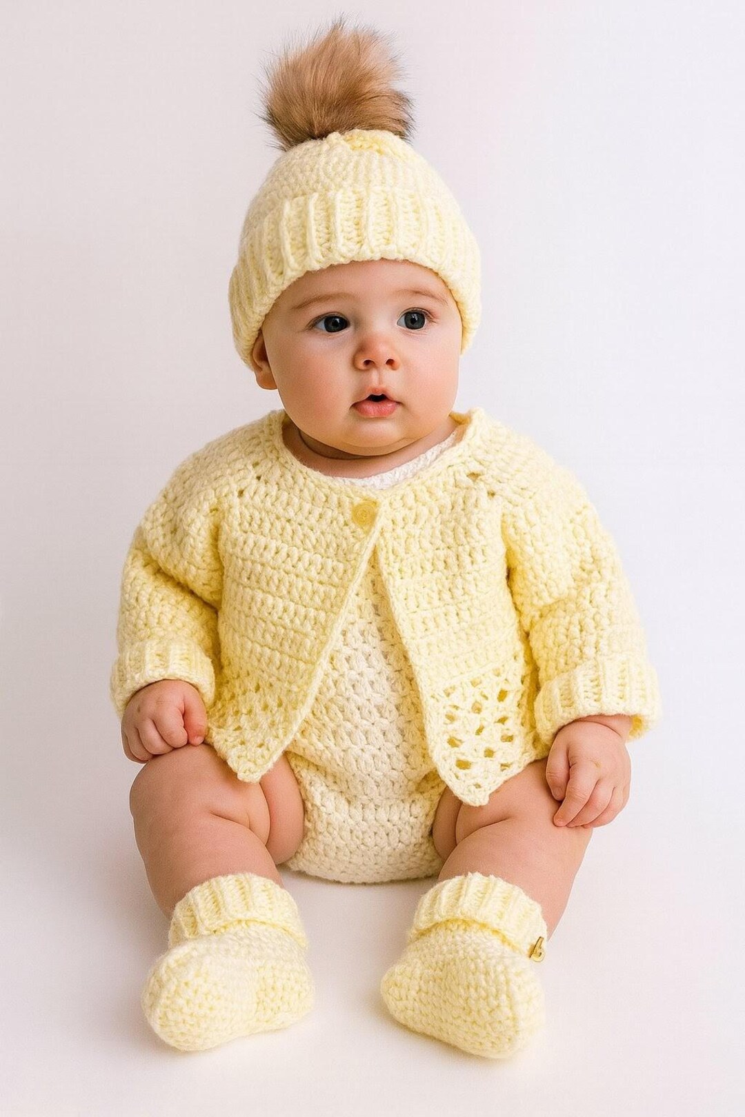 Handmade Crochet Baby Cardigan Set: Lemon Acrylic Knit Hat & Booties - Etsy
