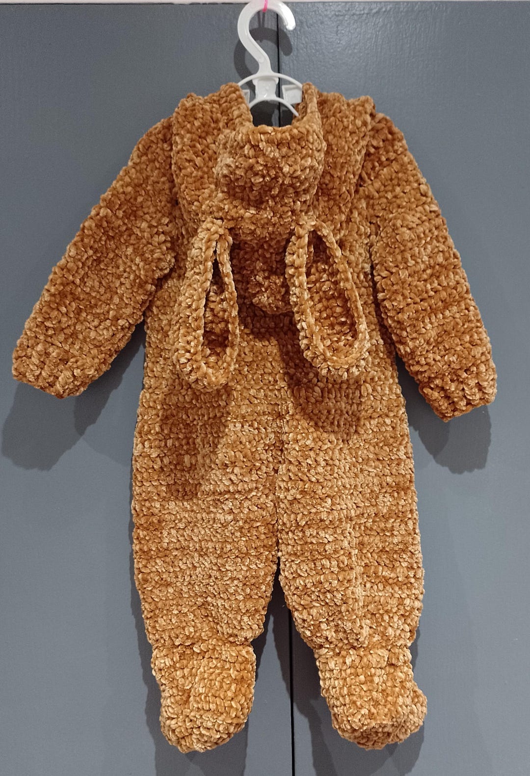 Baby Chenille Onesie - Crochet Hooded Jumpsuit With Rabbit Ears ...