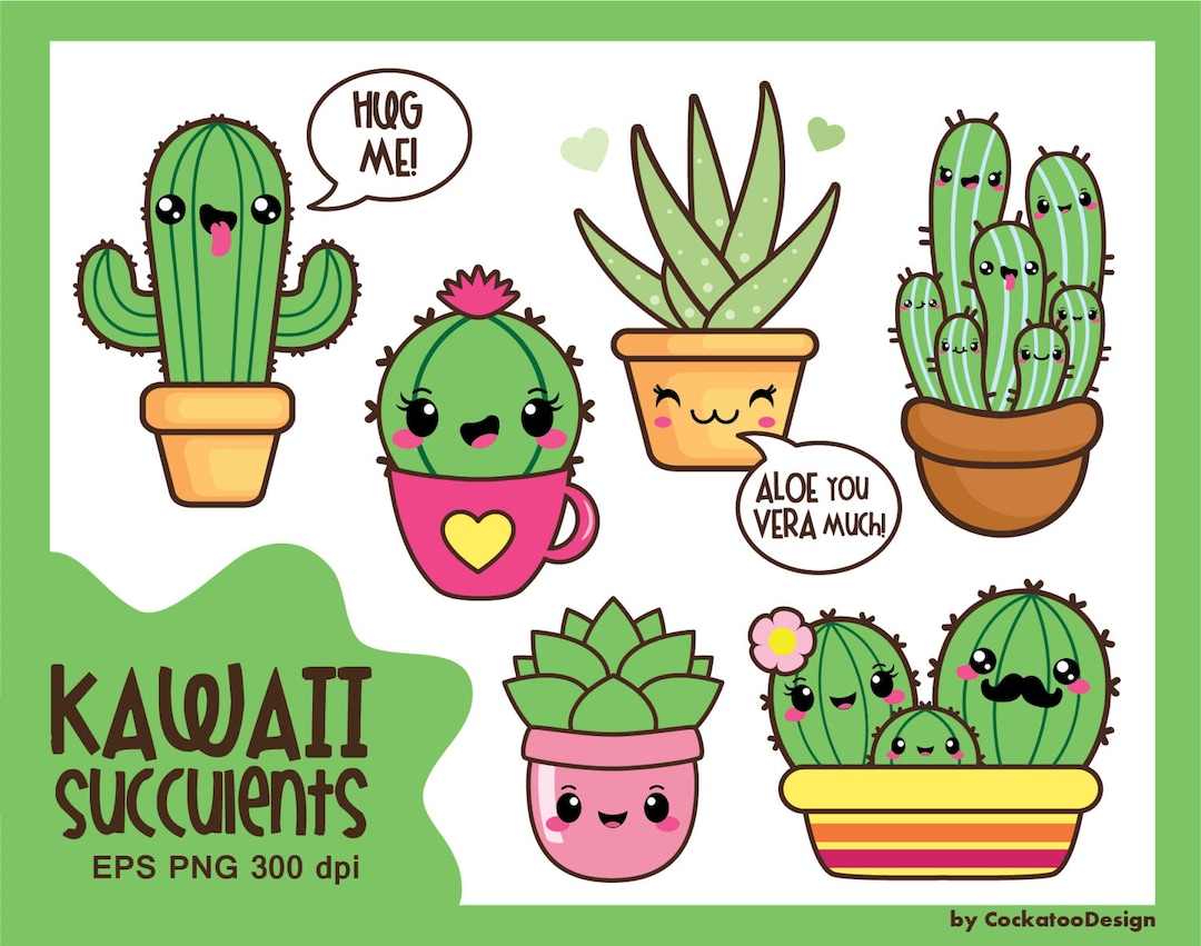 Kawaii Cactus Clipart, Succulent Clipart, Kawaii Cacti, Valentine ...