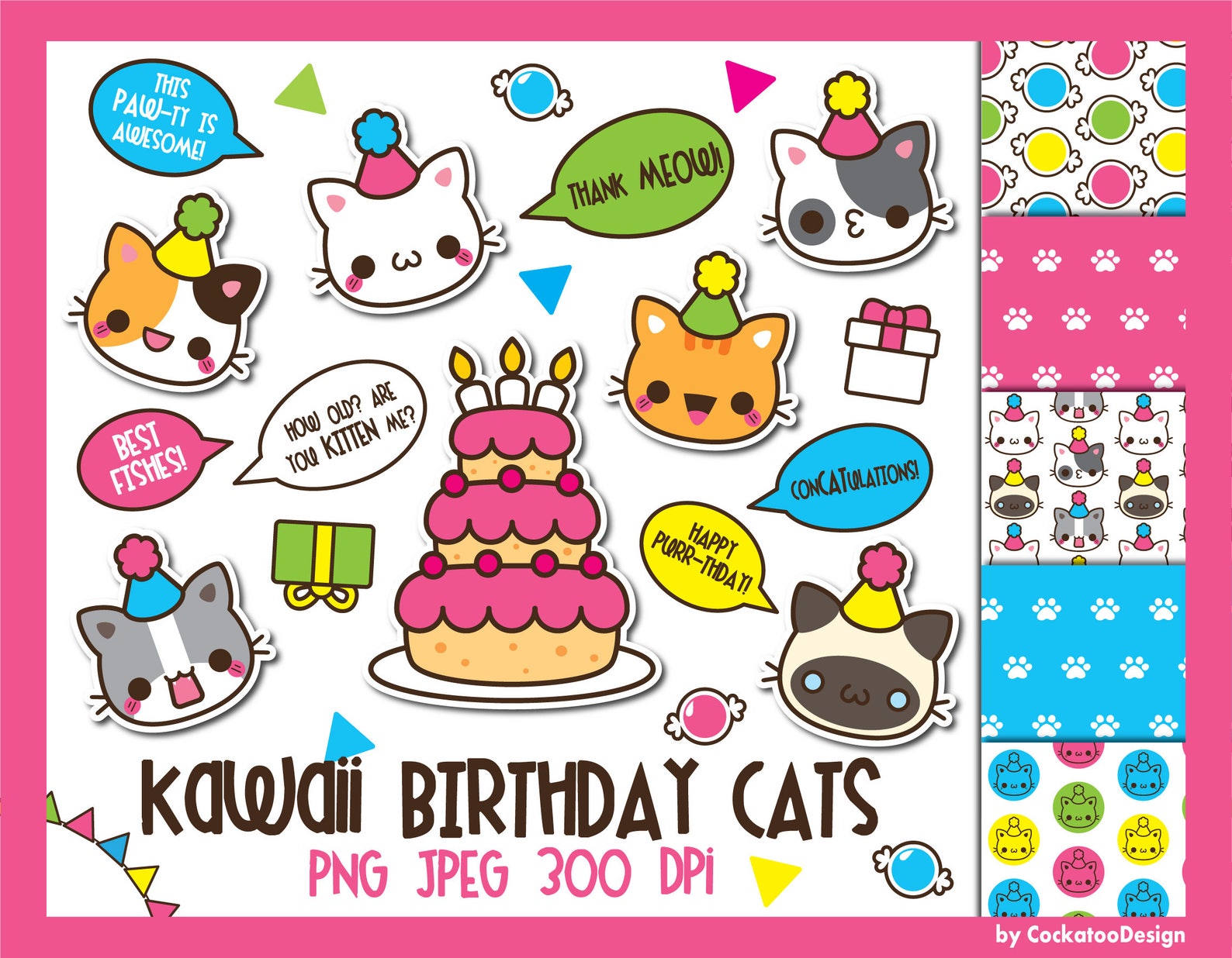 Cat Clipart Birthday Cat Clipart Kawaii Cat Clip Art - Etsy