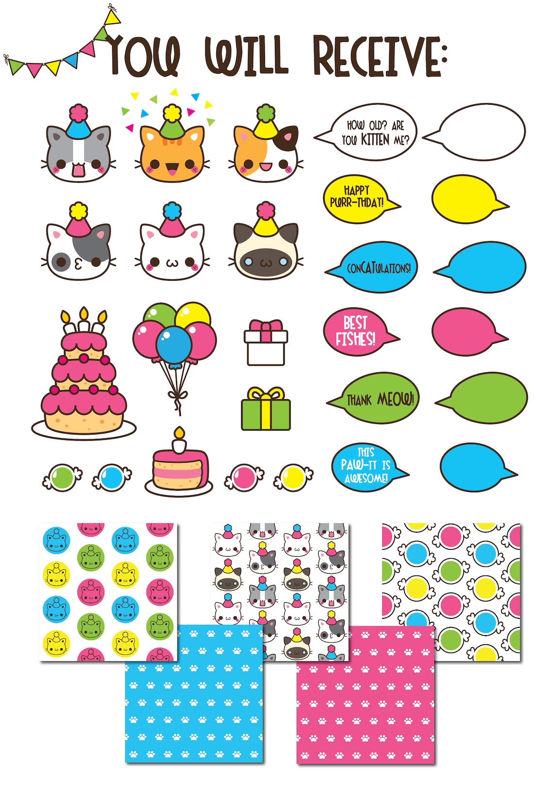Cat Clipart Birthday Cat Clipart Kawaii Cat Clip Art - Etsy