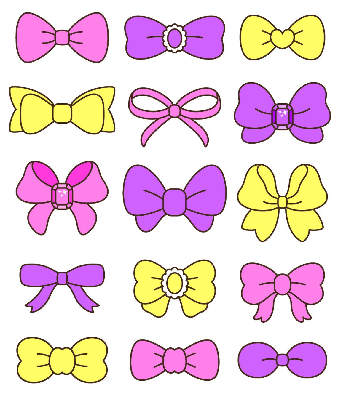 Kawaii Bows Clipart Cute Bows Pink Bow Yellow Bow Purple | Etsy
