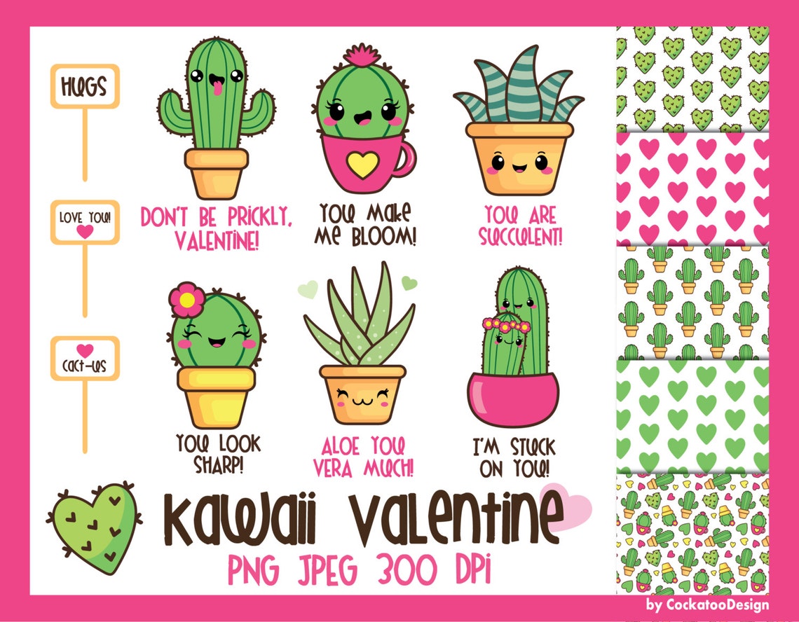 Cactus clipart kawaii cactus clipart valentine cactus | Etsy