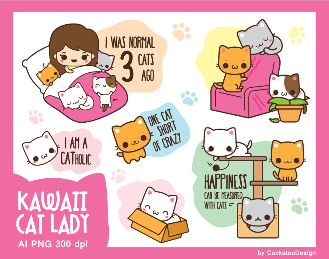 Kawaii Cat Clipart, Cute Cat Clip Art, Kawaii Cat Lady Clipart, Funny ...