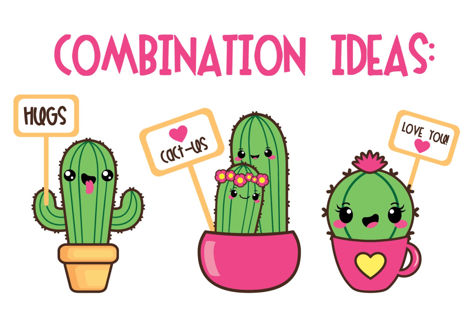Cactus Clipart, Kawaii Cactus Clipart, Valentine Cactus Clipart, Kawaii ...