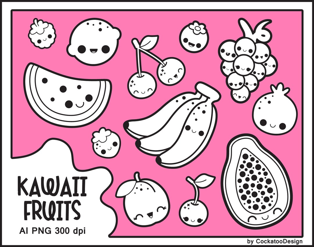 Digital Stamps, Fruit Digital Stamp, Kawaii Fruit Clipart, Kawaii ...
