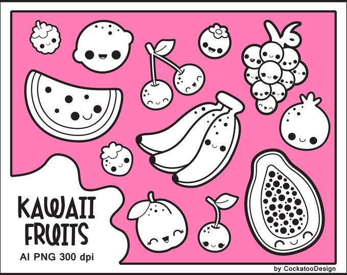 Fruit Digital Stamps - Food Line Art, Outlines, Lemon, Pineapple, Fruit ...