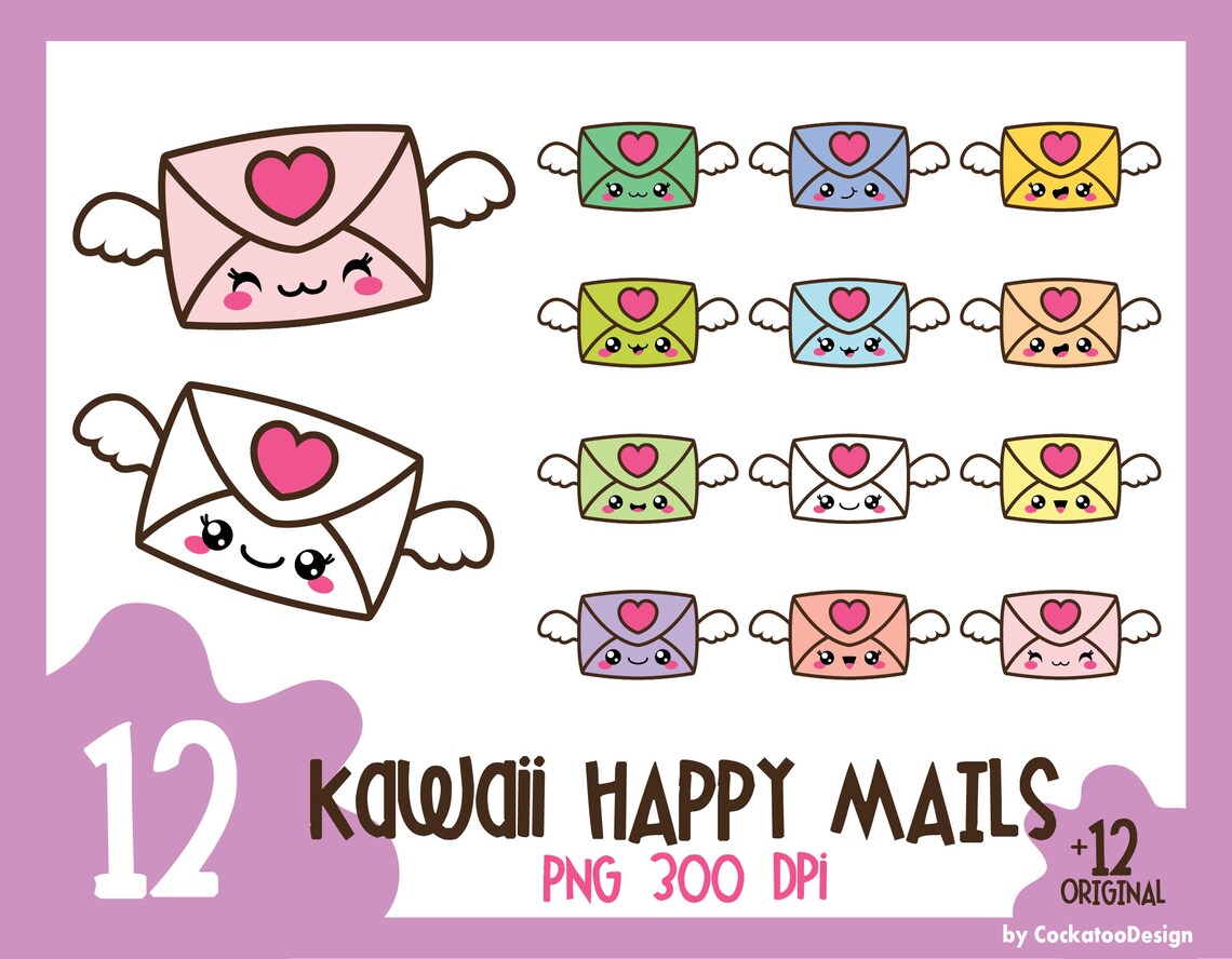 Kawaii Clip Art, Love Letter Clipart, Valentines Day Clipart, Envelope ...