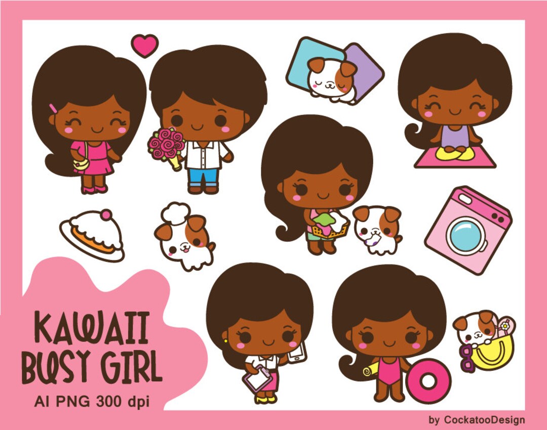 Kawaii Girl Clip Art, Cute Girl Clipart, Dark Skin Girl Clipart, Chores ...