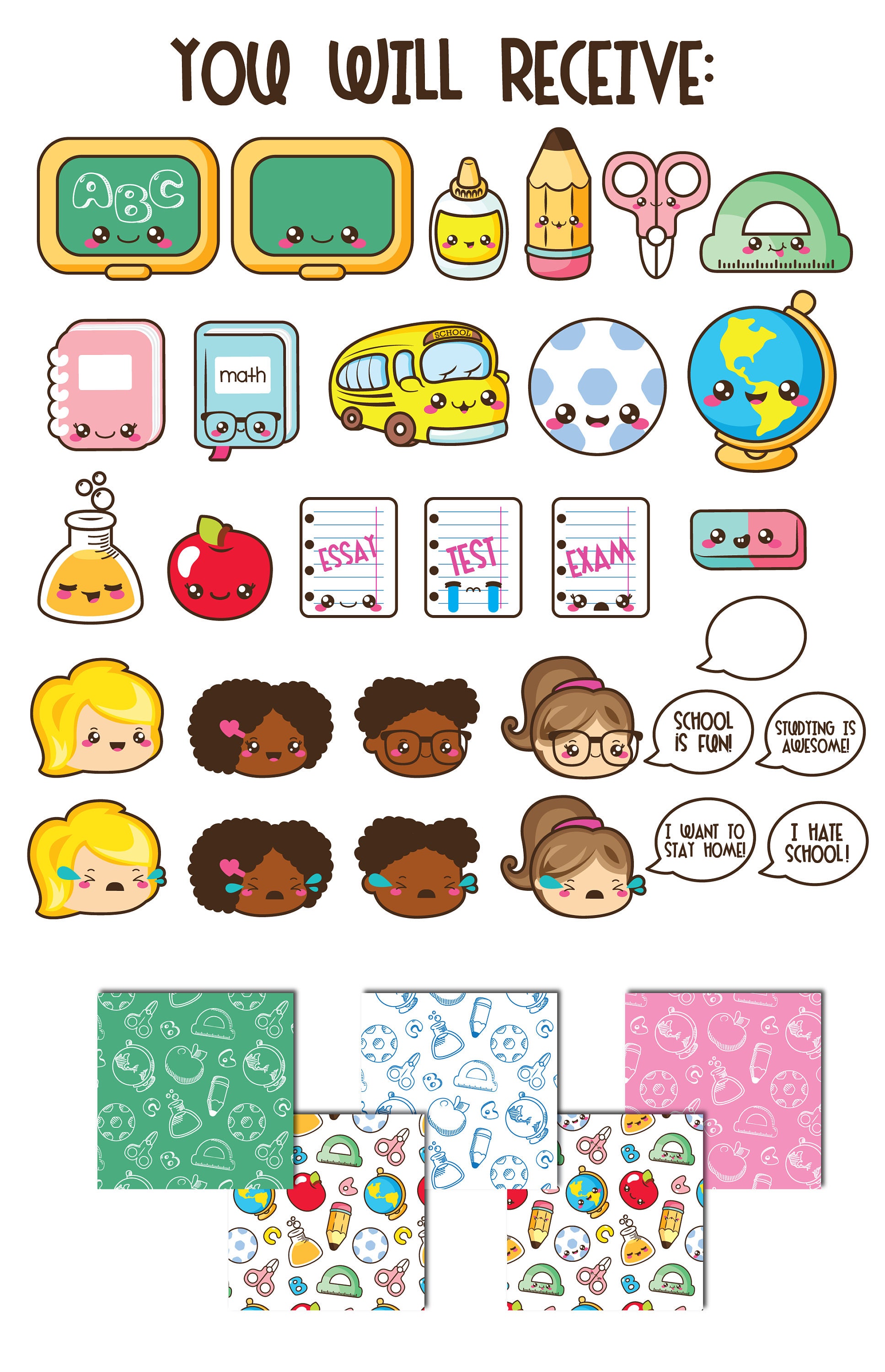 School Supplies Clip Art School Kids Clip Art Kawaii School - Etsy ...