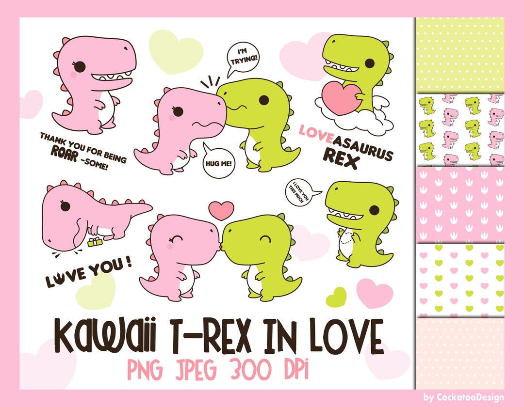 T-rex Clipart, Dinosaur Clipart, Valentine Clipart, Kawaii Dinosaur ...