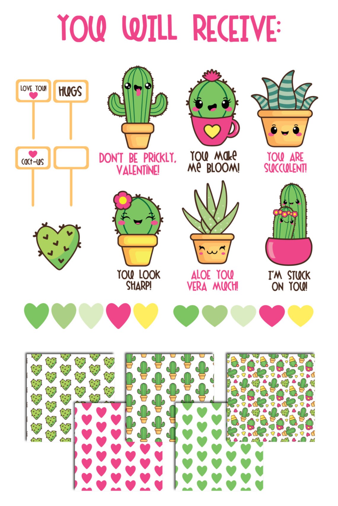 Cactus clipart kawaii cactus clipart valentine cactus | Etsy
