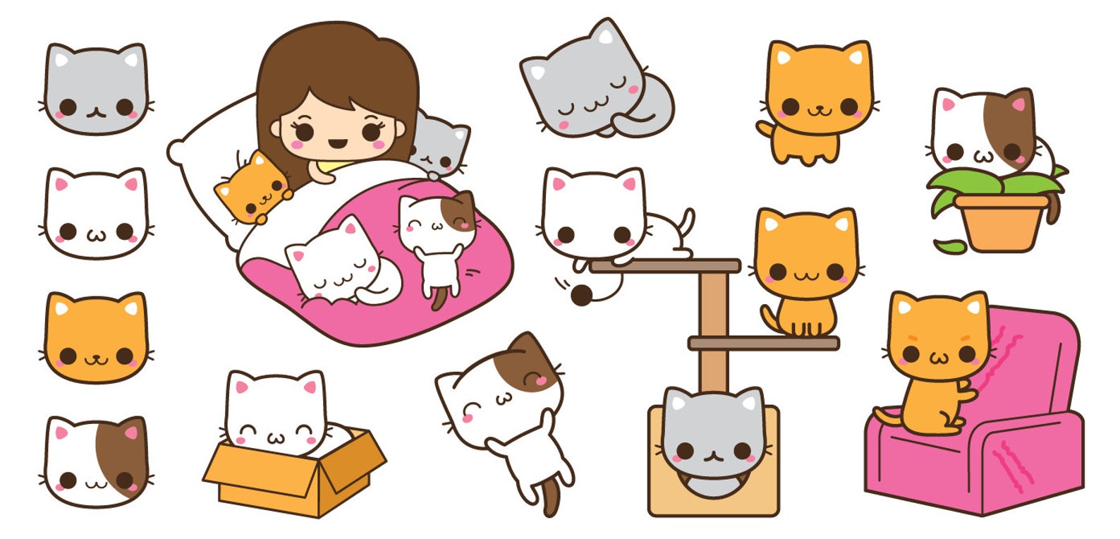 Kawaii Cat Clipart, Cute Cat Clip Art, Kawaii Cat Lady Clipart, Funny ...