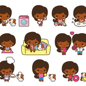 Kawaii Girl Clip Art, Cute Girl Clipart, Dark Skin Girl Clipart, Chores ...