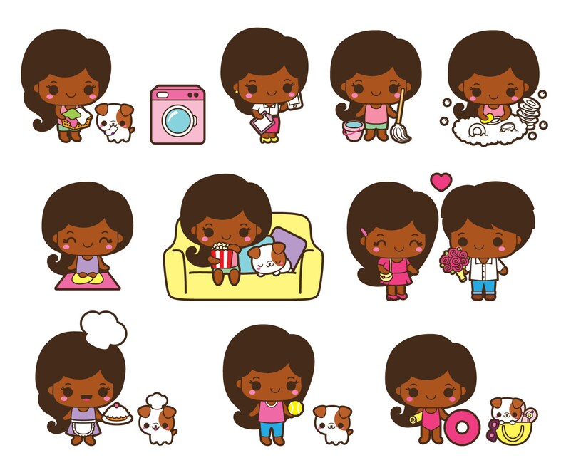 Kawaii Girl Clip Art, Cute Girl Clipart, Dark Skin Girl Clipart, Chores ...
