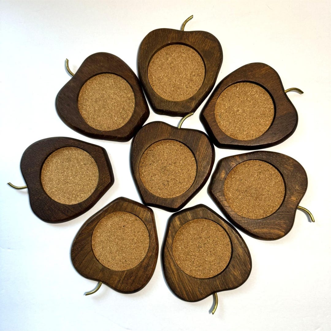 Vintage Serv Wood Apple-shaped Coasters Cork Inserts Japan Set of 8 MCM ...